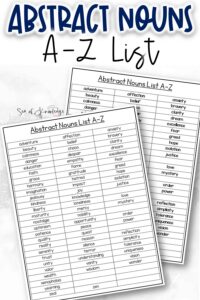 Abstract Nouns List - A-Z PDF Print Out