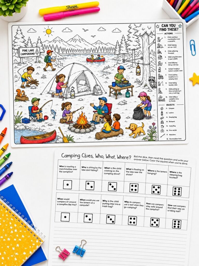 Camping WH Questions for Kids (Free Camping I Spy Printable Activity)